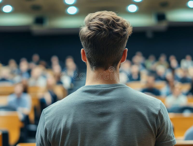 Rear View of Unrecognizable Man Sitting in Front of Audience in Lecture ...