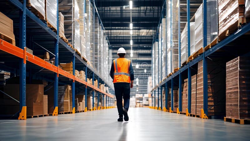 Rear View of a Warehouse Worker or Storekeeper Walking through a ...