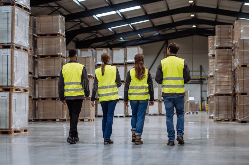 Rear View of Warehouse Workers Walking in Warehouse. Team of Warehouse ...