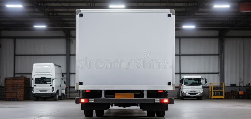 Rear View of White Box Truck in Industrial Warehouse Setting at Night ...