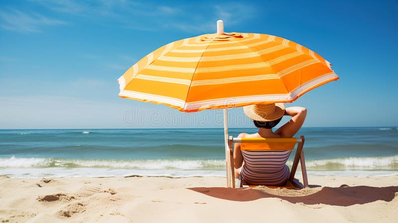 Rear View of a Woman Lying on the Beach with a Parasol. Generative AI ...