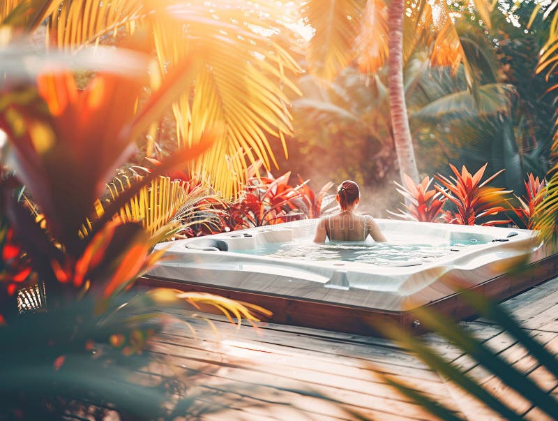 Rear View of Woman Taking Jacuzzi in Tropical Area. Stock Image - Image ...