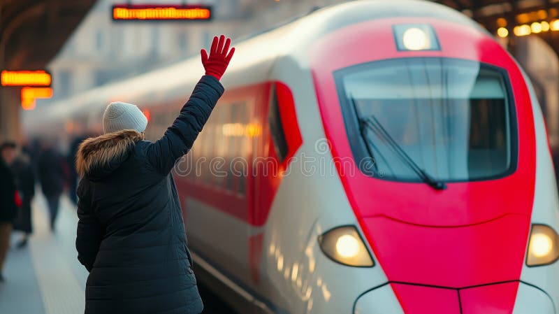 Rear View of a Woman Waving Goodbye at a Train Station Stock Image ...