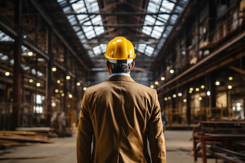Rear View of a Yellow-helmeted Engineer in a Warehouse. Entrepreneurial ...
