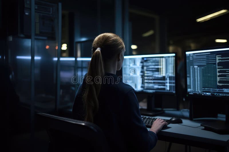 Rear View of a Young Female Programmer Working on Computer in Dark ...