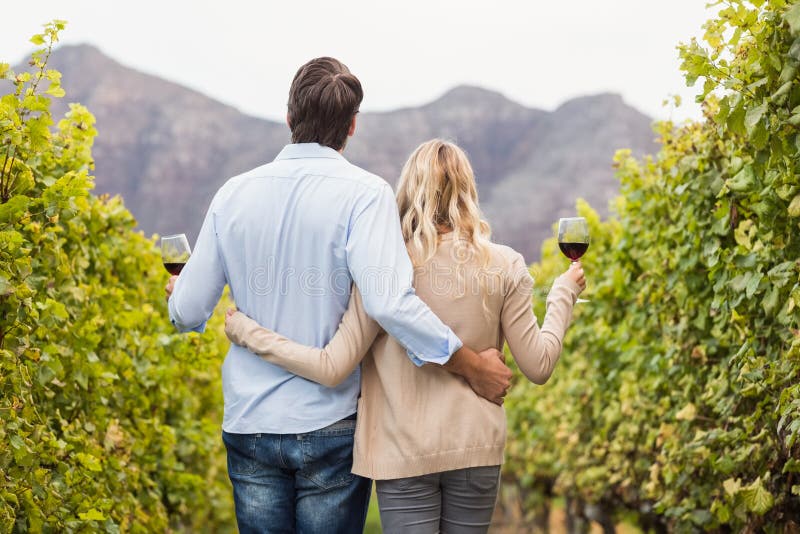 Rear View of a Young Happy Couple Holding Glasses of Wine Stock Photo ...