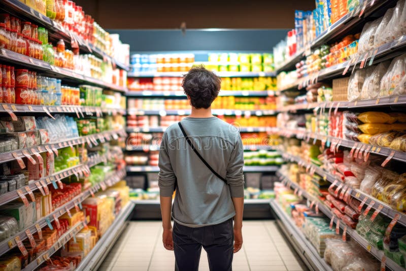 Rear View of a Young Man Shopping in a Grocery Store Stock Illustration ...