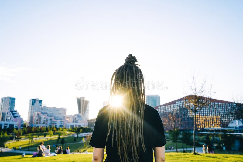 Rear View Young Woman with Dreadlocks in Park. Stock Photo - Image of ...