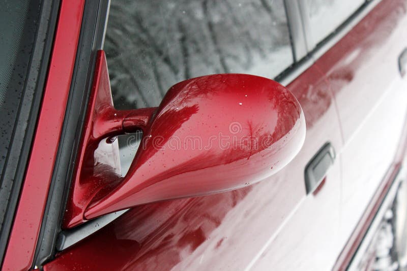 Rearview Mirror. Part of a Red Car in the Winter Stock Photo - Image of ...