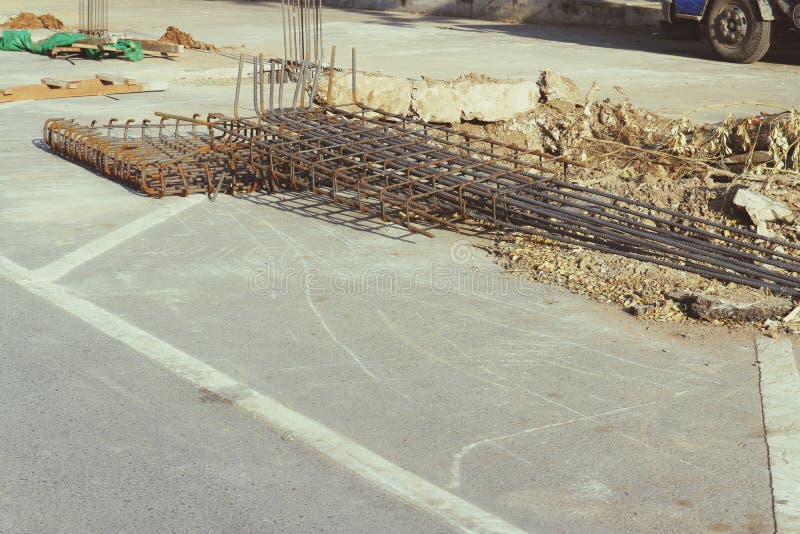 Rebar Placed on the Road for Outdoor Construction Stock Photo - Image ...
