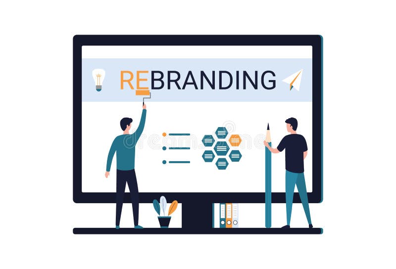Rebranding Concept. Two Men Create a New Look for a Company, Product ... Rebranding Concept. Two Men Create a New Look for a Company, Product ...