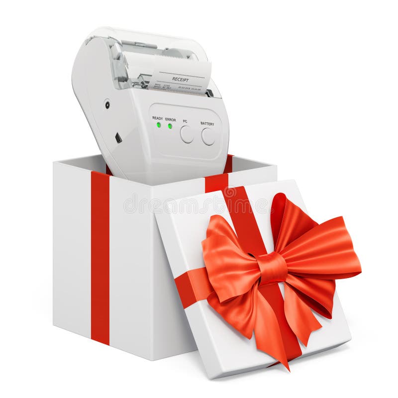 Receipt Printer Inside Gift Box, Present Concept. 3D Rendering Stock ...