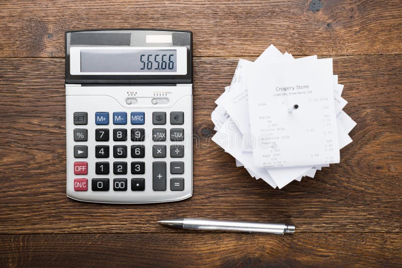Receipts with Calculator and Pen Stock Photo - Image of bill, number ...