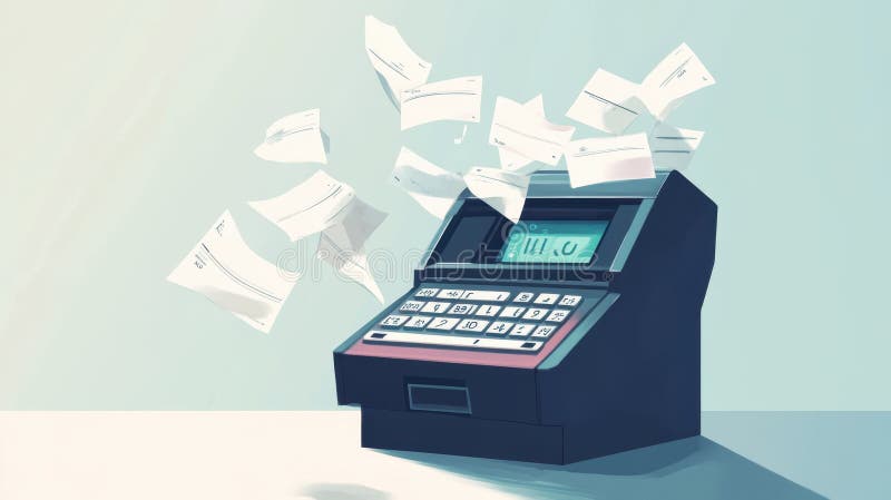 Receipts Flying from a Minimalist Cash Register, Digital Interface with ...