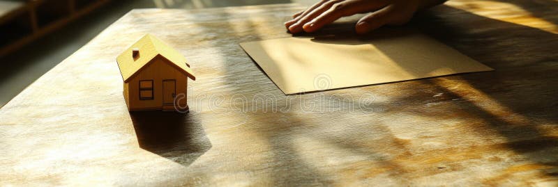 Receive First Home Letter with Miniature House on Tabletop in Sunlight ...