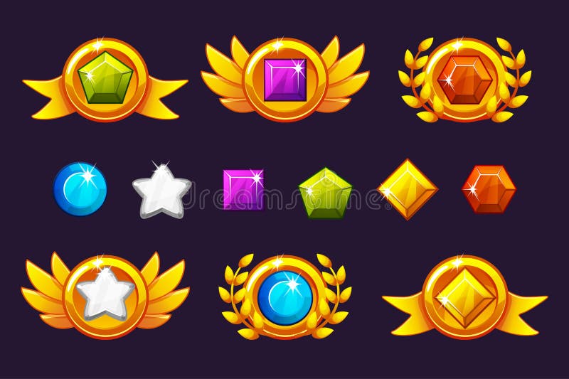 Gems Award Progress. Golden Amulets Set with Star Jewelry. Vector Icons ...
