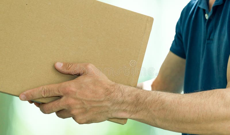 Customer, Box and Delivery Man Giving Package at Home from Courier ...