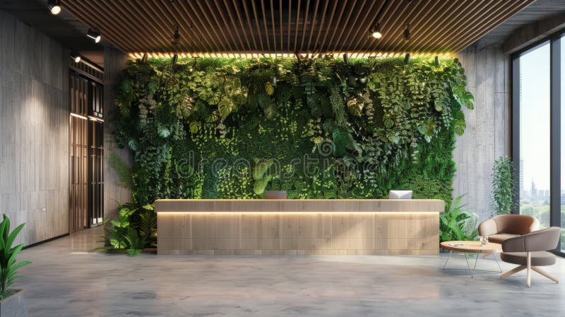 A Reception Area with a Cascading Green Wall Creating a Welcoming and ...