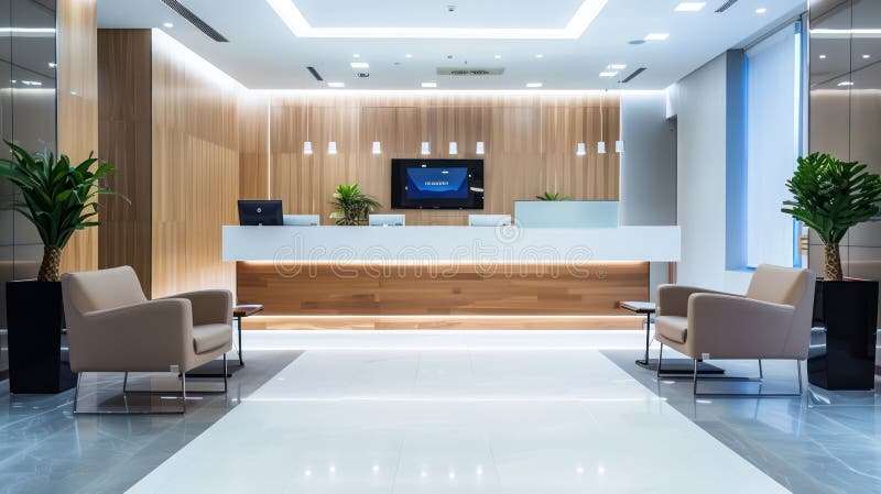 A Reception Area in a Corporate Office, with a Friendly Receptionist ...