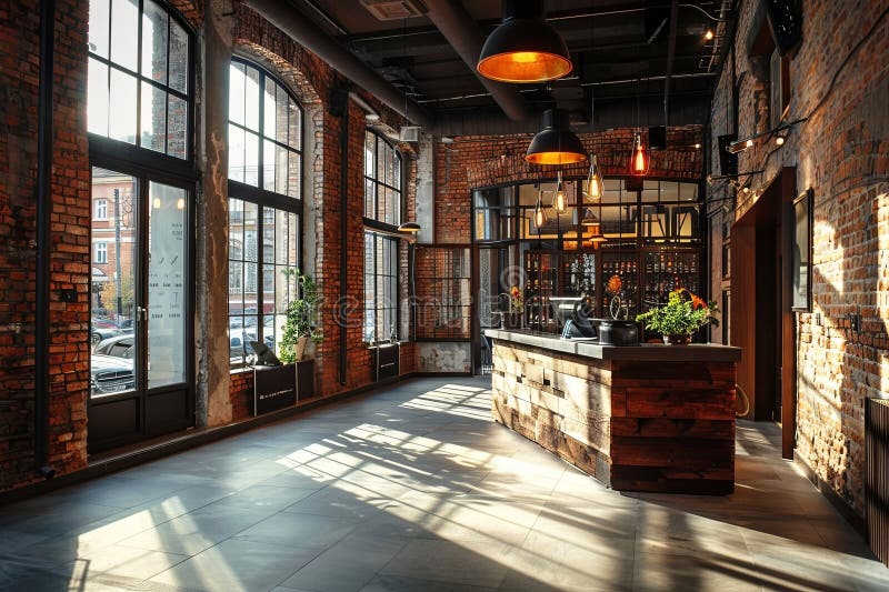 Reception Area of a Craft Store with Panoramic Windows and Brick Walls ...