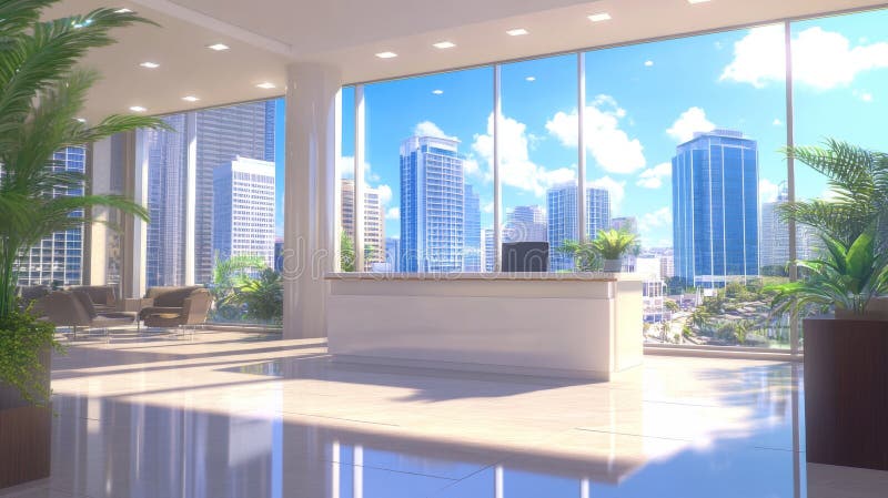 The Reception Area Features a Sleek, Modern White Desk in a Large ...