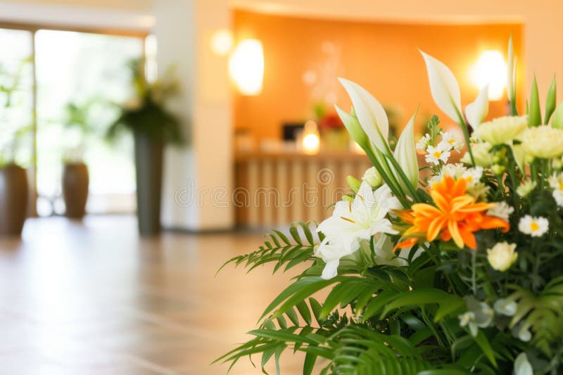 Reception Area with Fresh Flowers and Tranquil Music Playing Stock ...