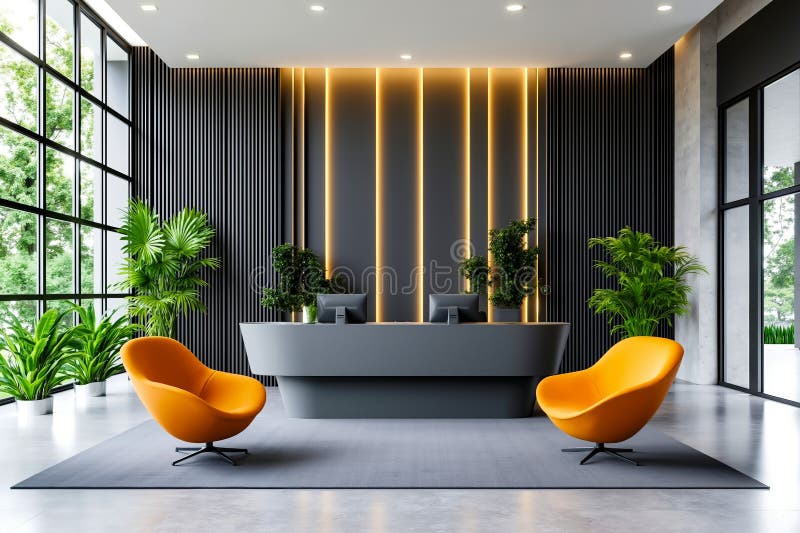 A Reception Area with Two Orange Chairs in Front of a Reception Desk ...
