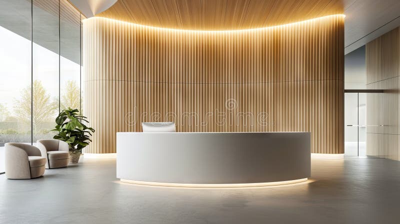 A Reception Area with Wood Walls and a White Counter Stock Image ...