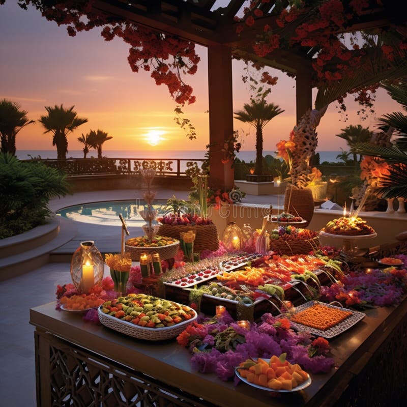 Reception Buffet Against Mesmerizing Sunset Stock Illustration ...
