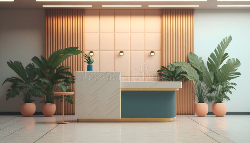 Reception Counter in Modern Office Lobby with Plants. 3d Render Stock ...