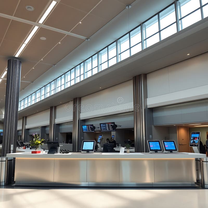 A Reception Desk at an Airport with High Ceilings Metal Accents and ...