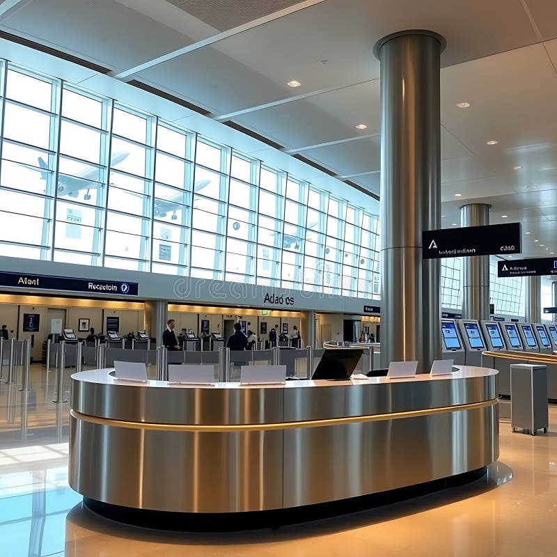 A Reception Desk at an Airport with High Ceilings Metal Accents and ...