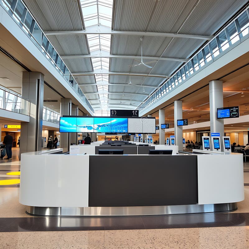 A Reception Desk at an Airport with High Ceilings Metal Accents and ...