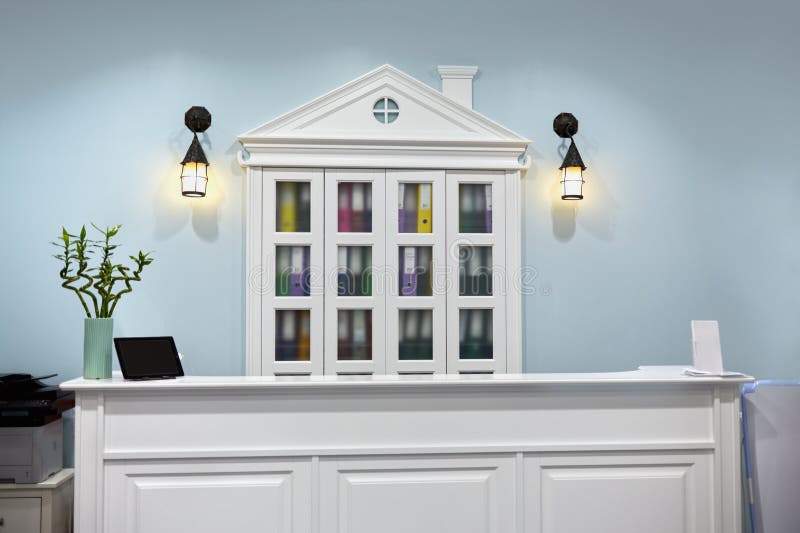 Reception Desk and Cabinet with Folders in Stock Image - Image of room ...