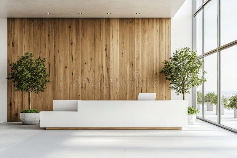 Reception Desk with Computers, Wood Panels, and Large Windows ...