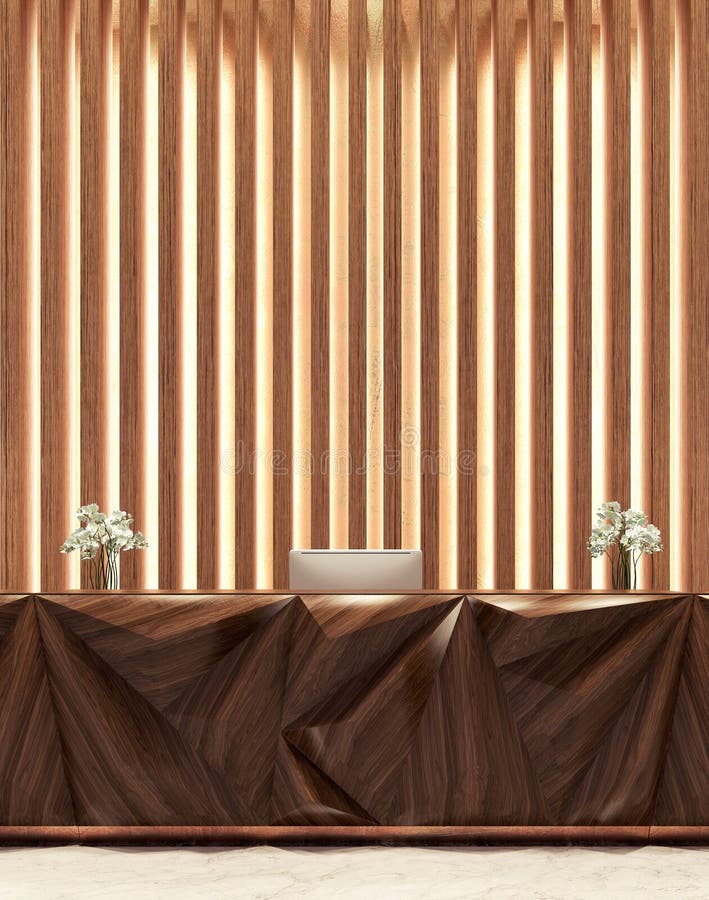 Reception Desk in Front of Decorative Wood Wall Stock Illustration ...