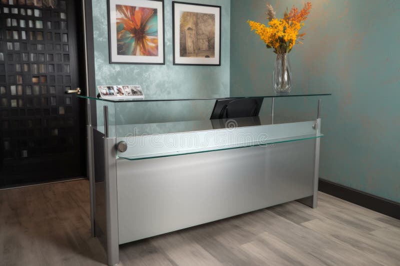 Reception Desk with a Glass Top, Sleek Silver Frame and Modern ...