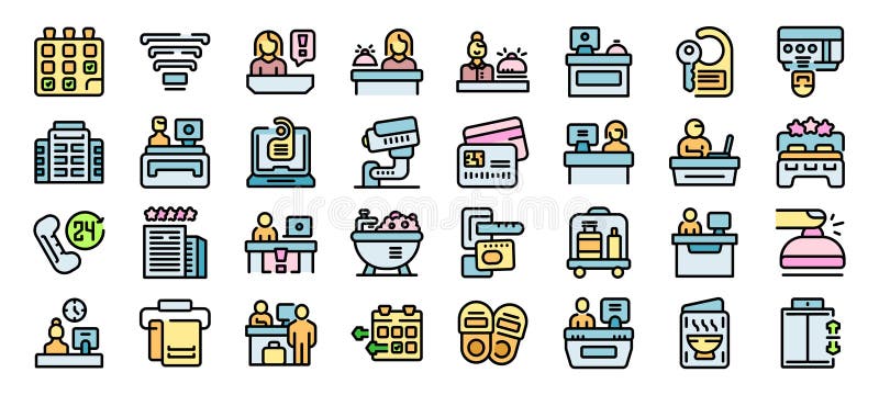 Reception Desk Icons Set Providing Visual Representation of Hotel and ...
