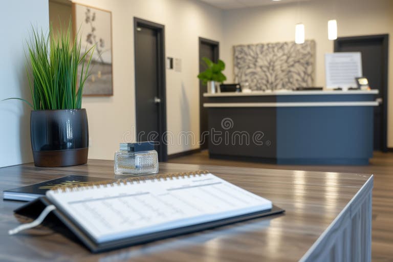 Reception Desk with Modern Decor and Appointment Book Stock Photo ...