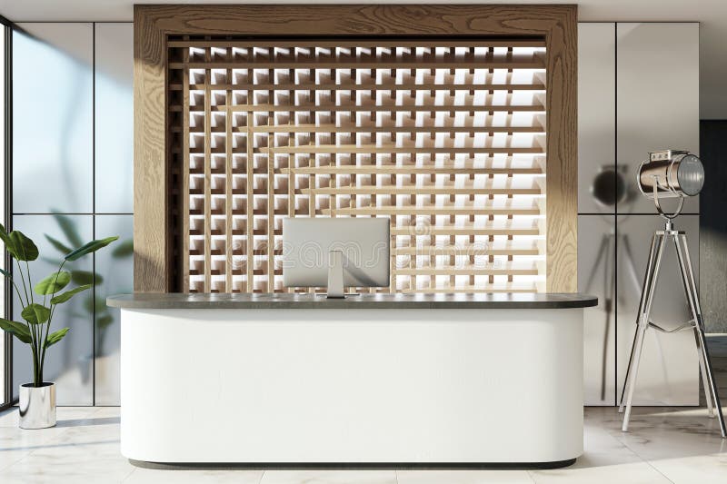 Reception Desk in a Modern Office Interior, Wood and Marble Textures ...