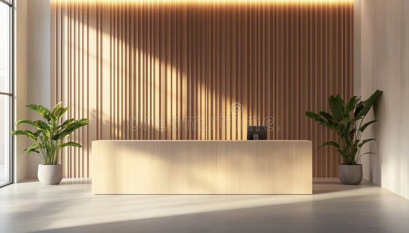 Reception Desk in Office with Light Wooden Wall Elements Stock Photo ...