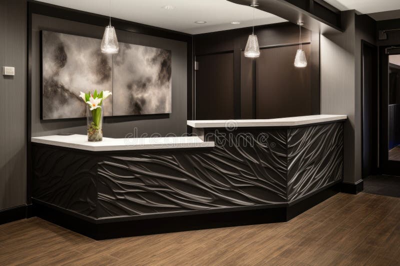 Reception Desk with Sleek, Modern Decor and Computer for Check-in Stock ...