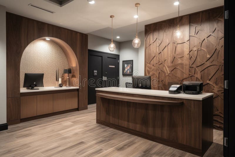 Reception Desk with Sleek, Modern Decor and Computer for Check-in Stock ...