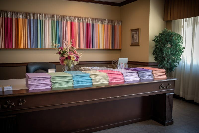Reception Desk with Stack of Colorful Envelopes and Pens, Ready for ...