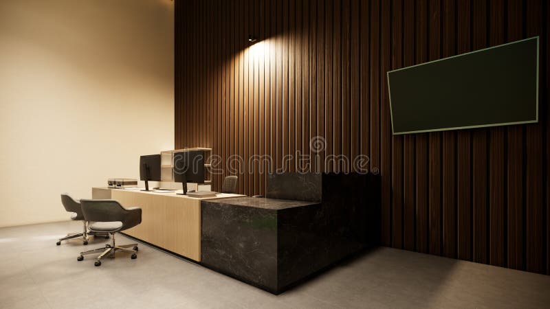 Reception Desk Standing in an Lobby with Wooden Panel Background Stock ...