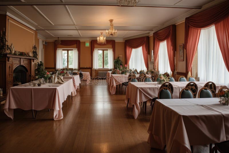 Reception Hall, with Tables Set for Dinner and Dancing, Ready for the ...