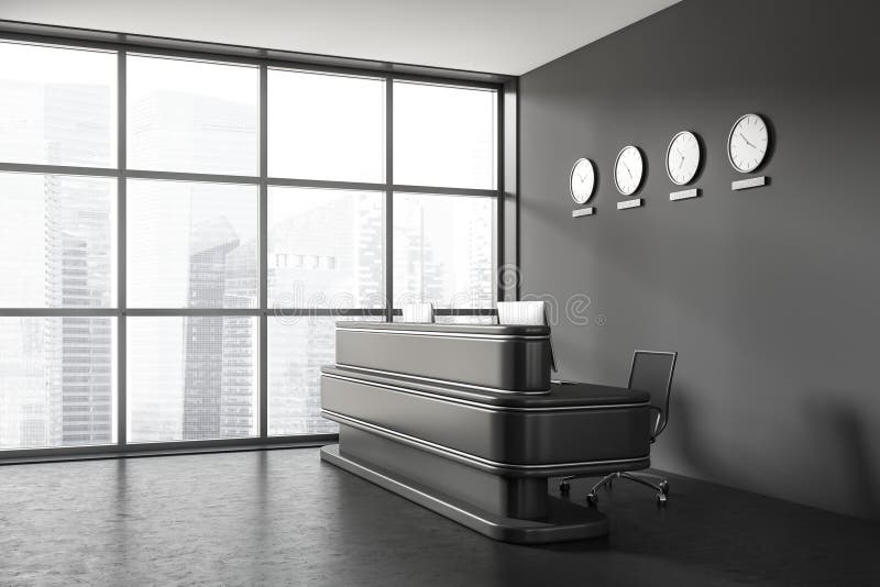 Reception Interior Desk with Computer and Clocks, Panoramic Window ...