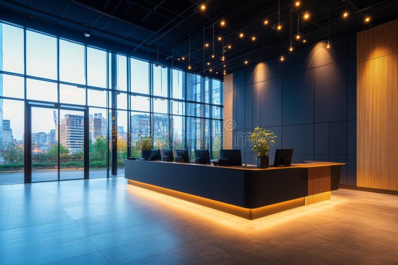 Reception Interior with Desk, Computers in Empty Lobby with Large ...