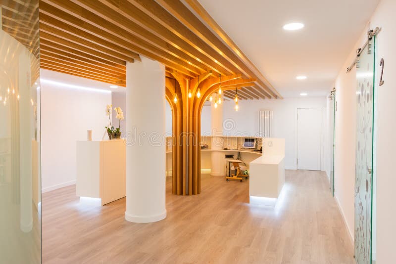 Reception of Modern Office with Lights and Wood on the Ceiling Stock ...