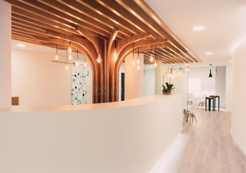 Reception of Modern Office with Lights and Wood on the Ceiling Stock ...